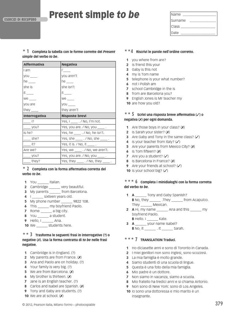 SSSG INGLESE Present Simple Di To Be | PDF