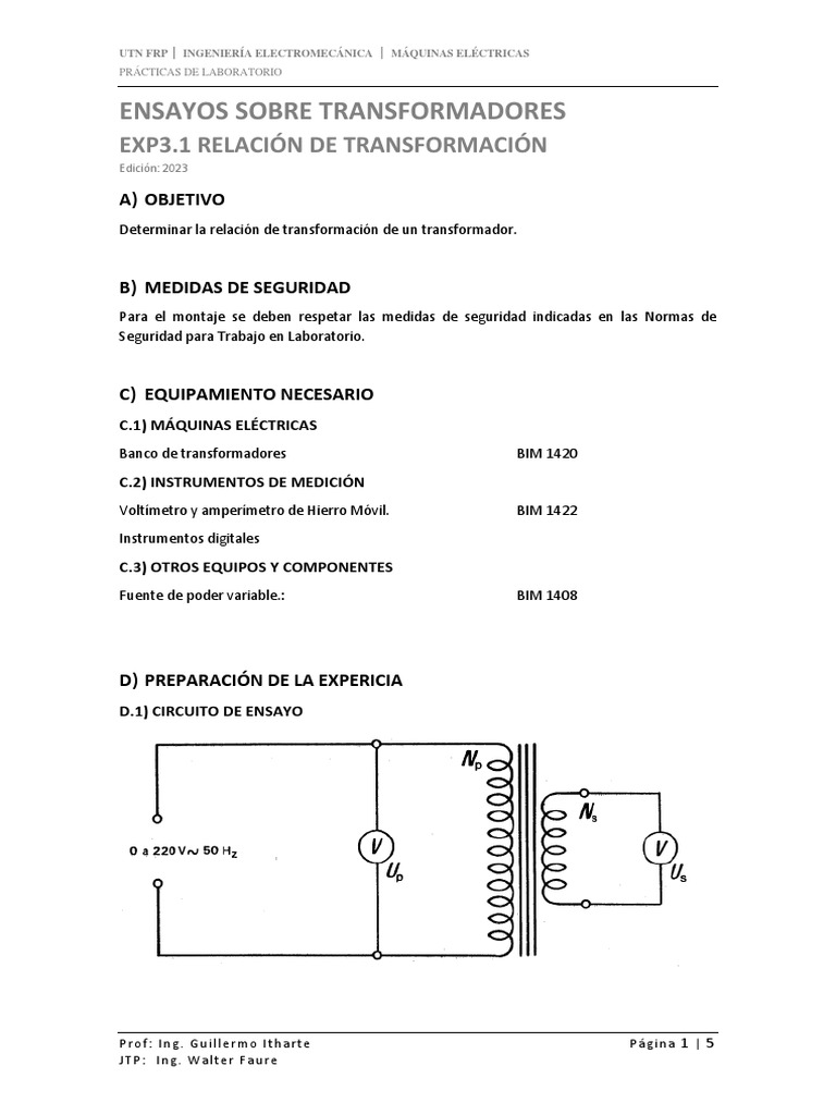 Ensayos Sobre Transformadores: Exp3.1 Relación de Transformación | PDF | Transformador | voltaje