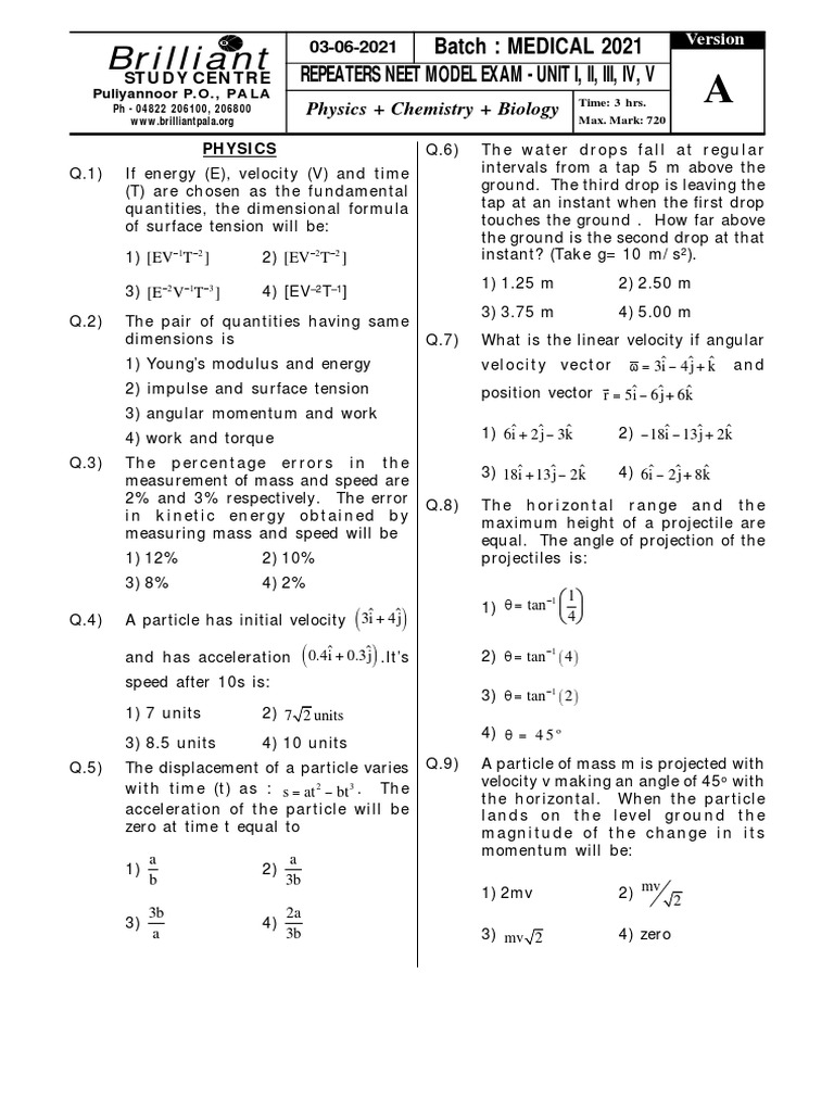 Brilliant: Repeaters Neet Model Exam - Unit I, Ii, Iii, Iv, V | PDF | Rotation Around A Fixed ...