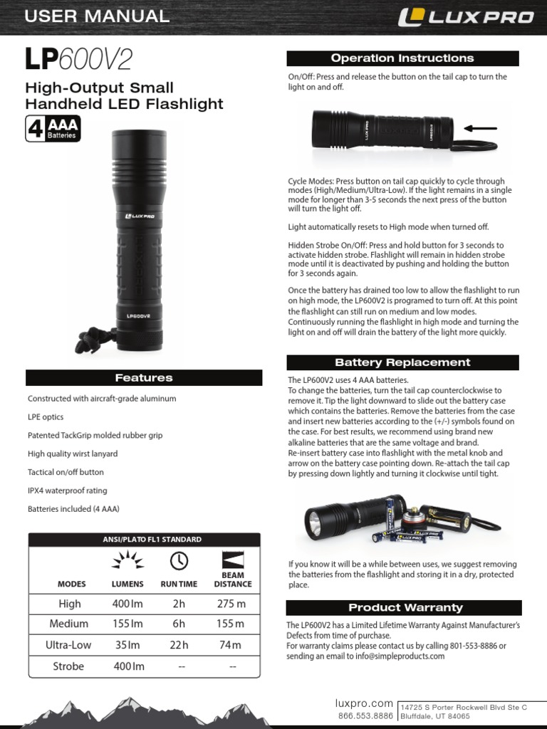 LP 600V2 Flashlight Manual | PDF | Flashlight | Manufactured Goods