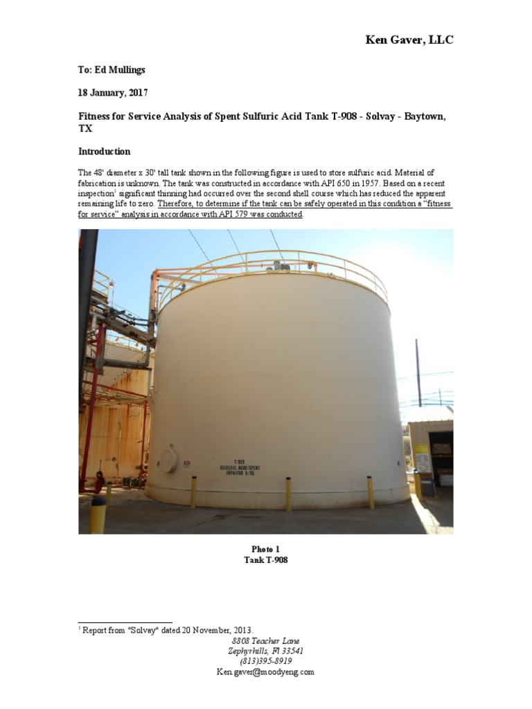 Fitness For Service Analysis of Spent Sulfuric Acid Tank T-908 - Solvay ...