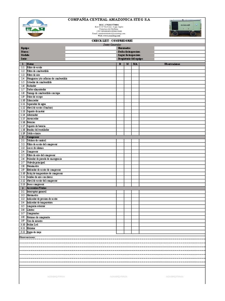 Check List de Inspeccion Compresor Sullair | PDF | Motores | Ingeniería mecánica