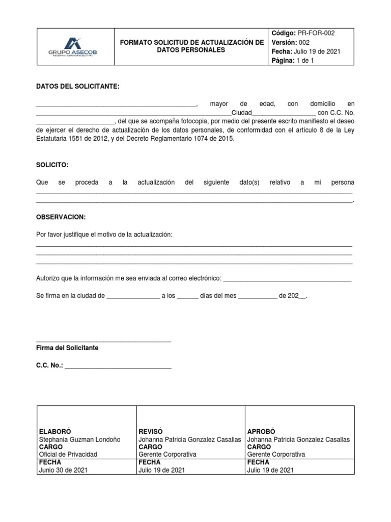 Solicitud de Actualizacion de Datos Personales | PDF