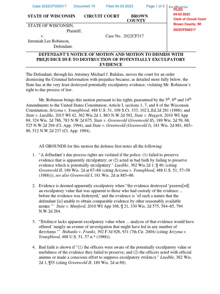 Defense Motion To Dismiss | PDF | Brady V. Maryland | Wisconsin Circuit ...