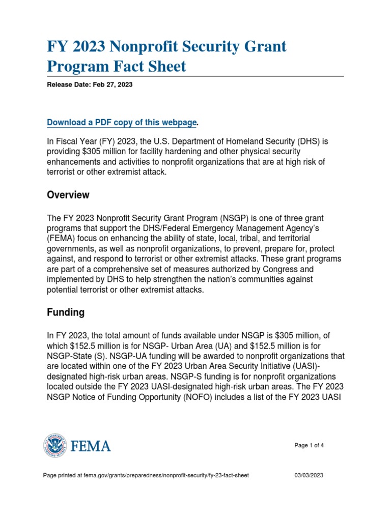 FY 2023 Nonprofit Security Grant Program Fact Sheet | PDF | Federal ...