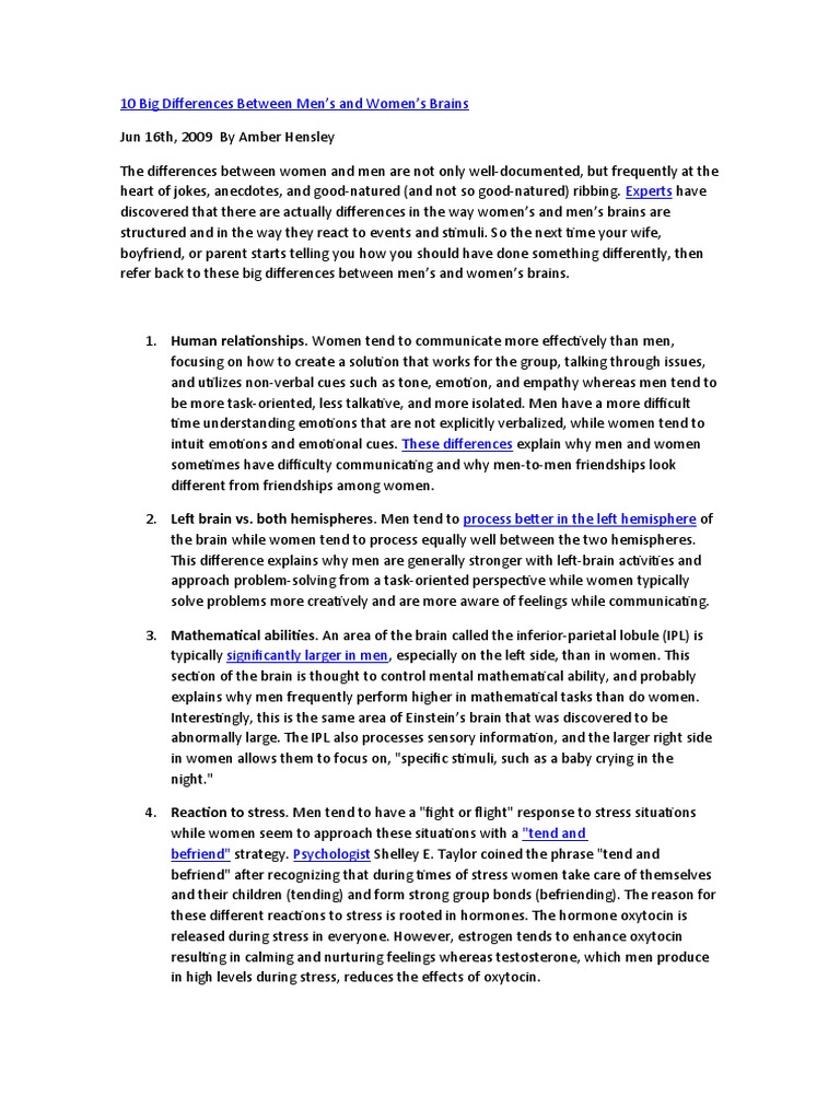 10 Big Differences Between Men Ans Women | Download Free PDF | Amygdala | Pain