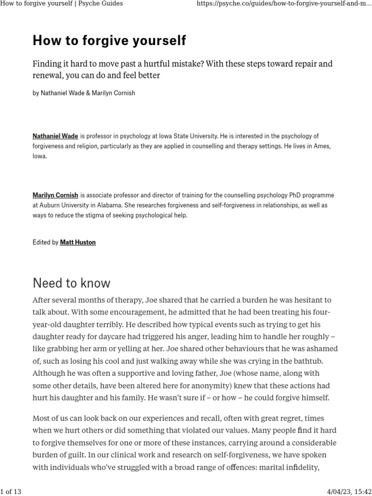 How To Forgive Yourself Psyche Guides | PDF | Forgiveness | Guilt (Emotion)