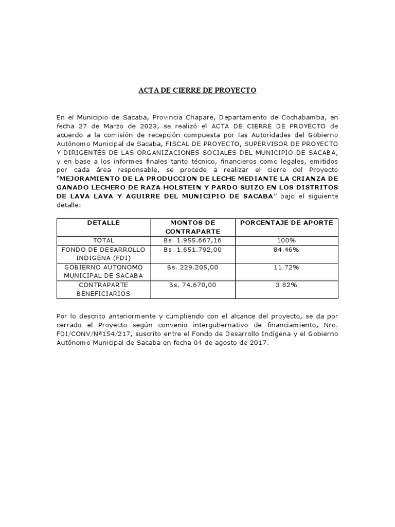 Acta de Cierre de Proyecto | PDF