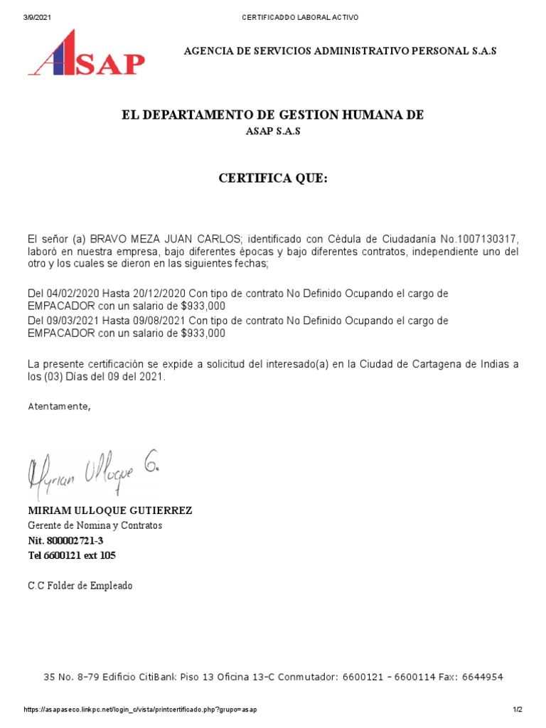 Certificado Laboral | PDF