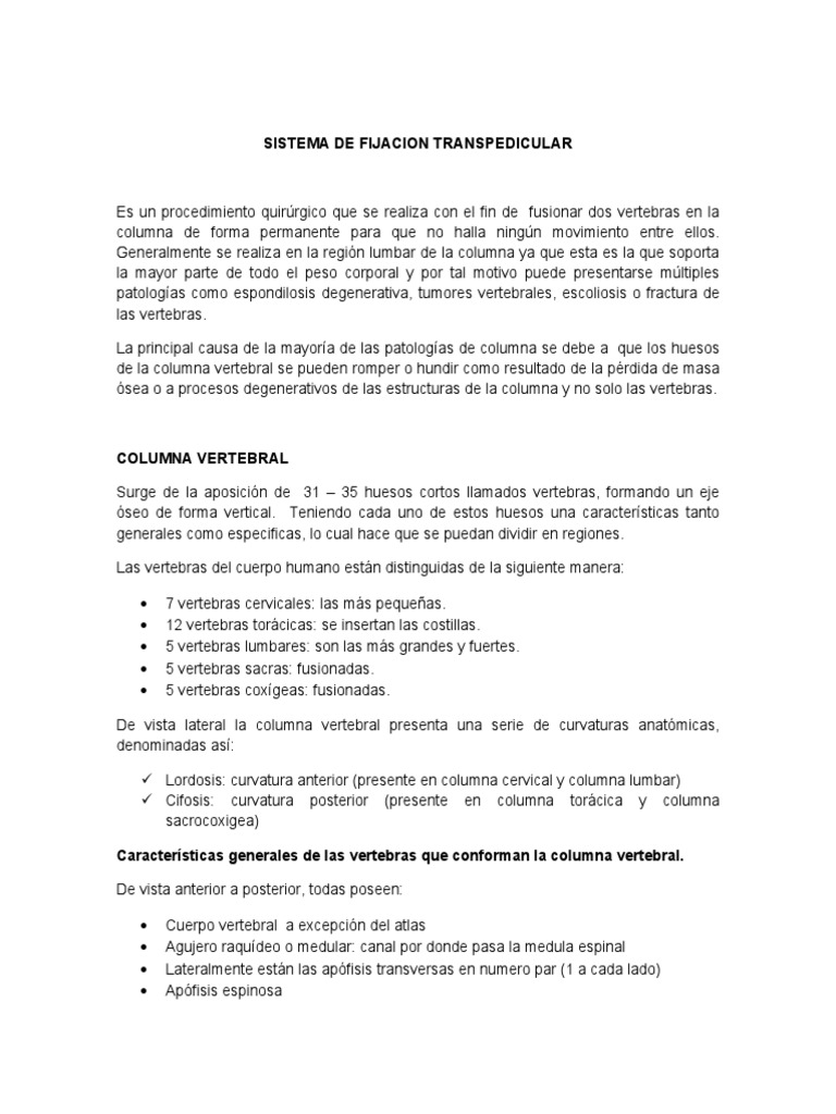 Fijación Transpedicular Lumbar | PDF | La columna vertebral | Vértebra