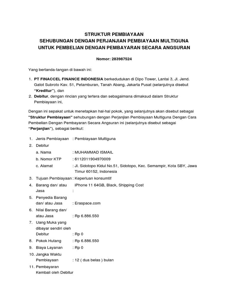 Struktur Pembiayaan Sehubungan Dengan Perjanjian Pembiayaan Multiguna Untuk Pembelian Dengan ...