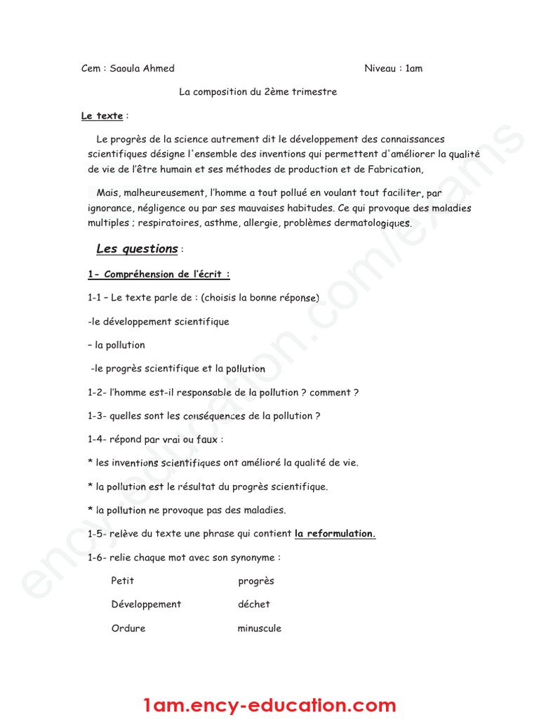 Dzexams 1am Francais 591539 | PDF | Science & Mathematics