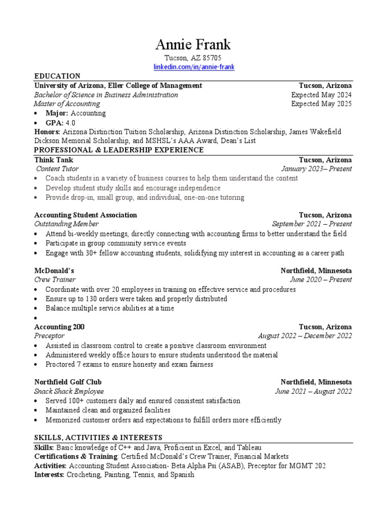 Resume-Annie Frank | Descargar gratis PDF | Accounting | Learning