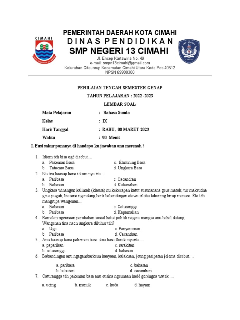 Soal PTS GENAP Bahasa Sunda 9 2023 | PDF