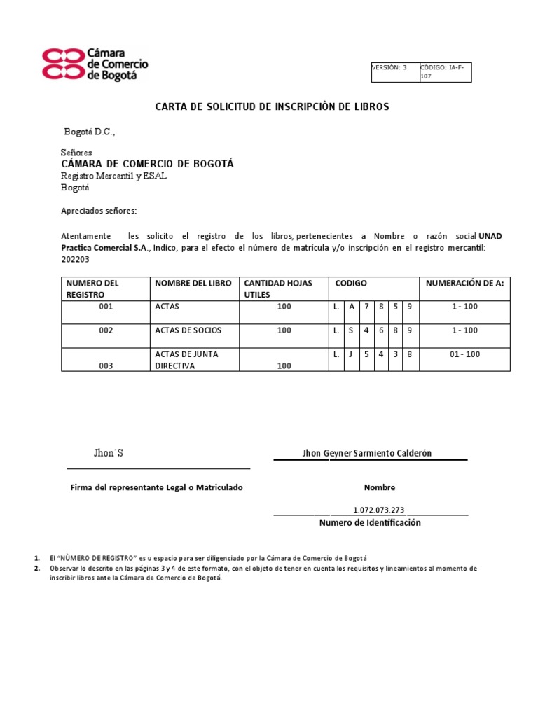 Carta Solicitud Inscripcion Libros | PDF | Contador