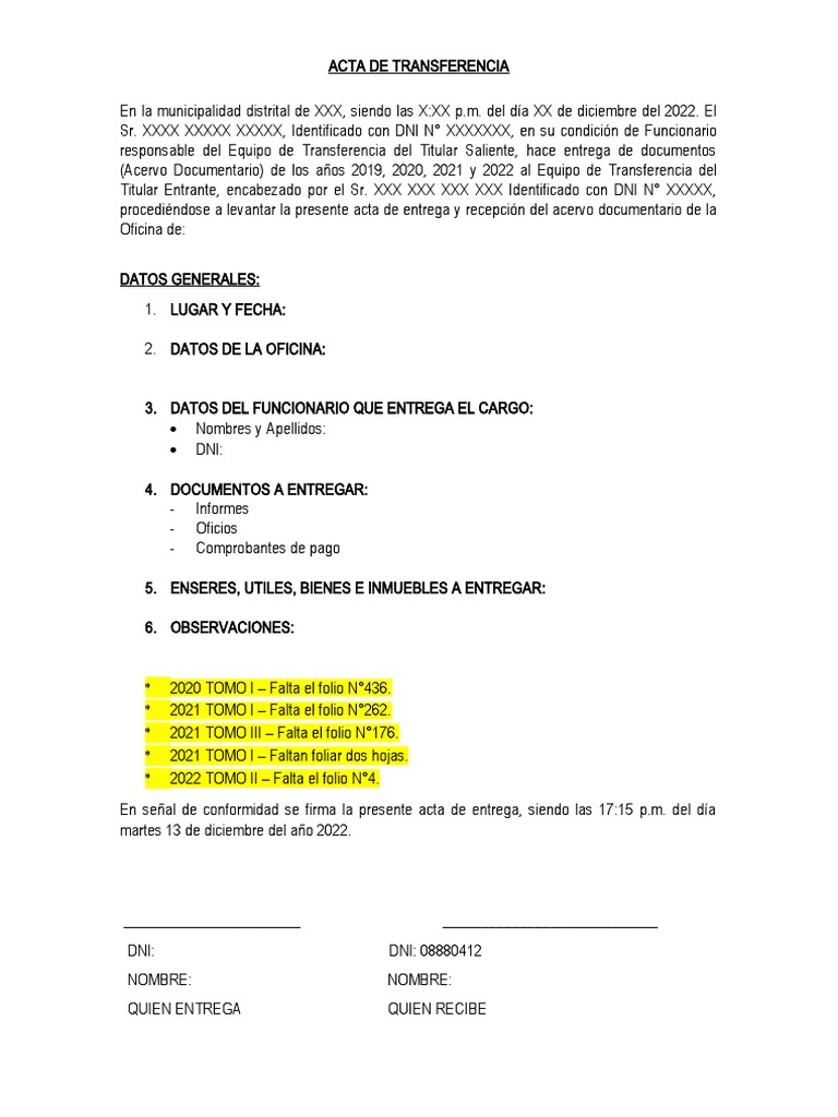 Acta de Entrega Modelo | PDF