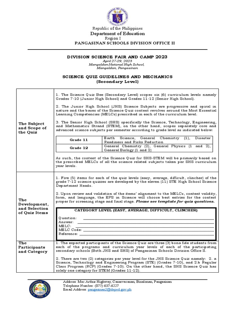 Secondary Science Quiz Bee Mechanics and Guidelines | PDF | Middle Schools | Curriculum