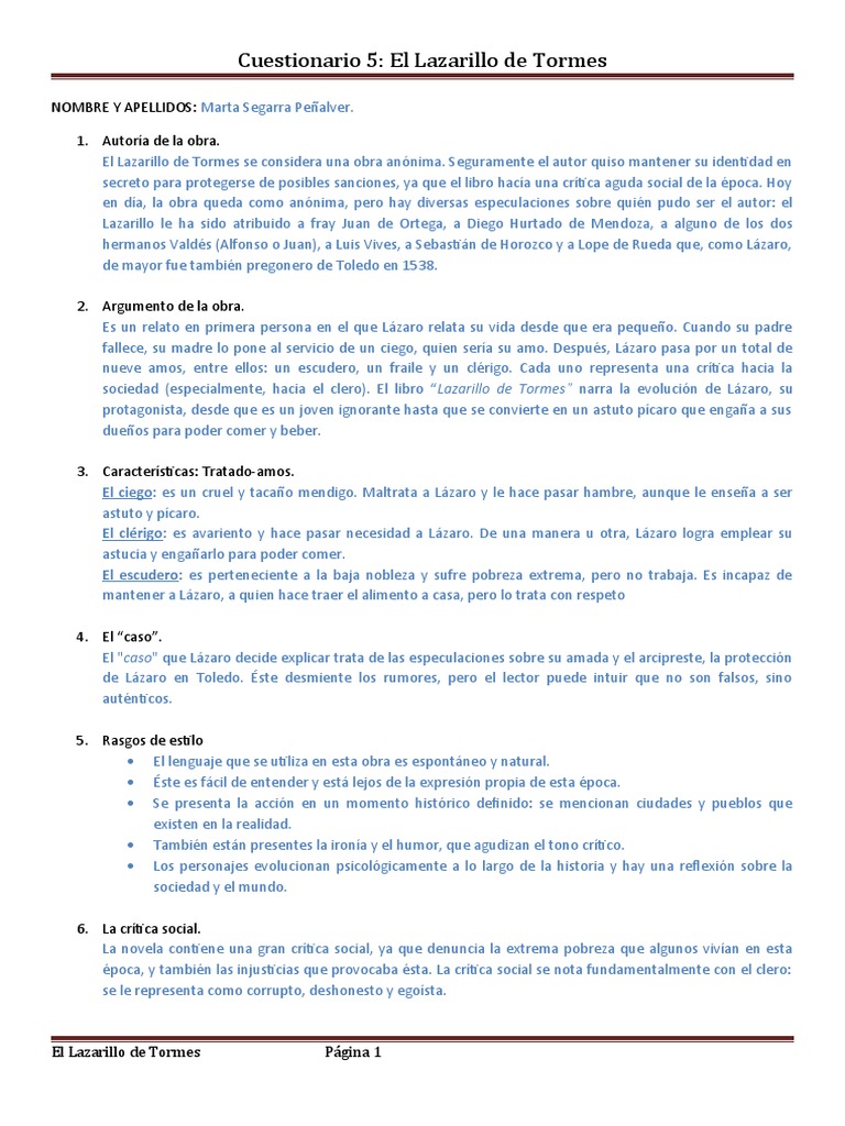 Cuestionario 5 El Lazarillo de Tormes | PDF | Ficción general