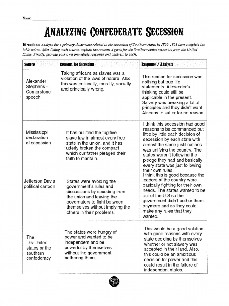 Analysis of Secession Reasons and Cartoons | PDF | Confederate States ...