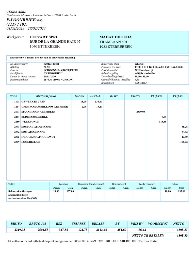 E-Loonbrief (1117 / 101) : Cuis'Art SPRL Mahat Dhouha | PDF