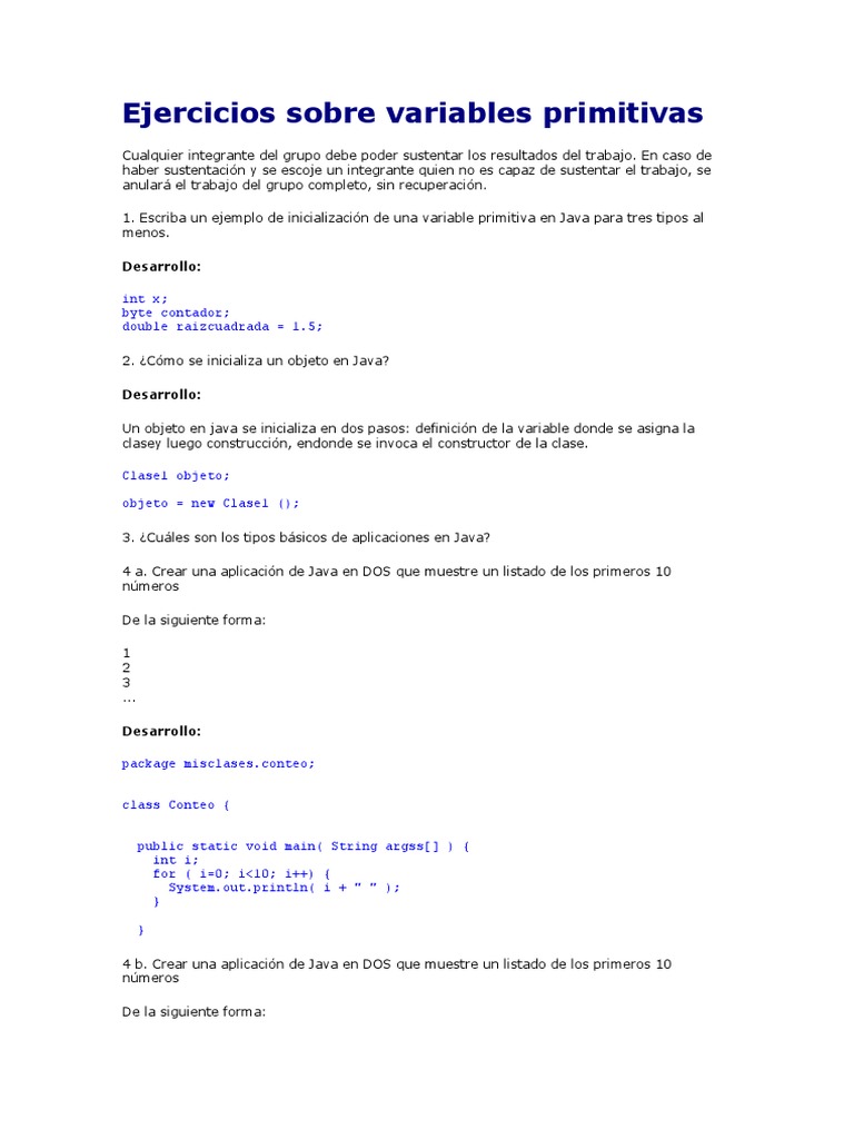 Ejercicios Sobre Variables Primitivas | PDF | Java (lenguaje de programación) | Ingeniería ...