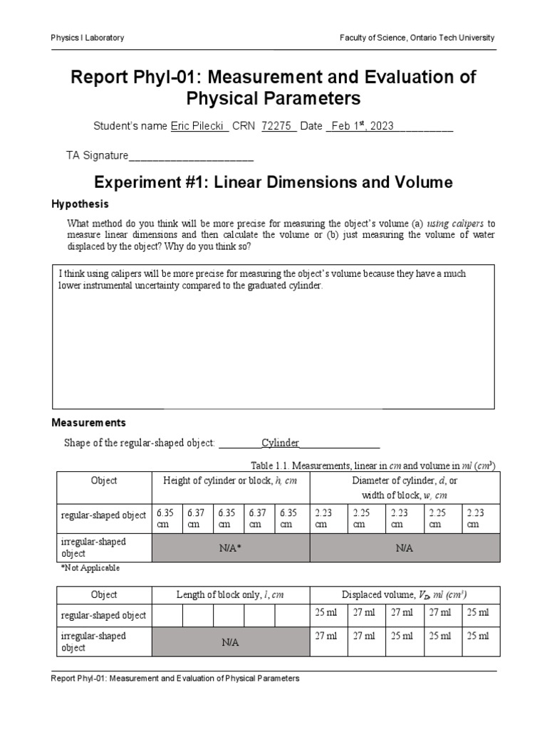 Lab 1 Report | PDF | Density | Volume