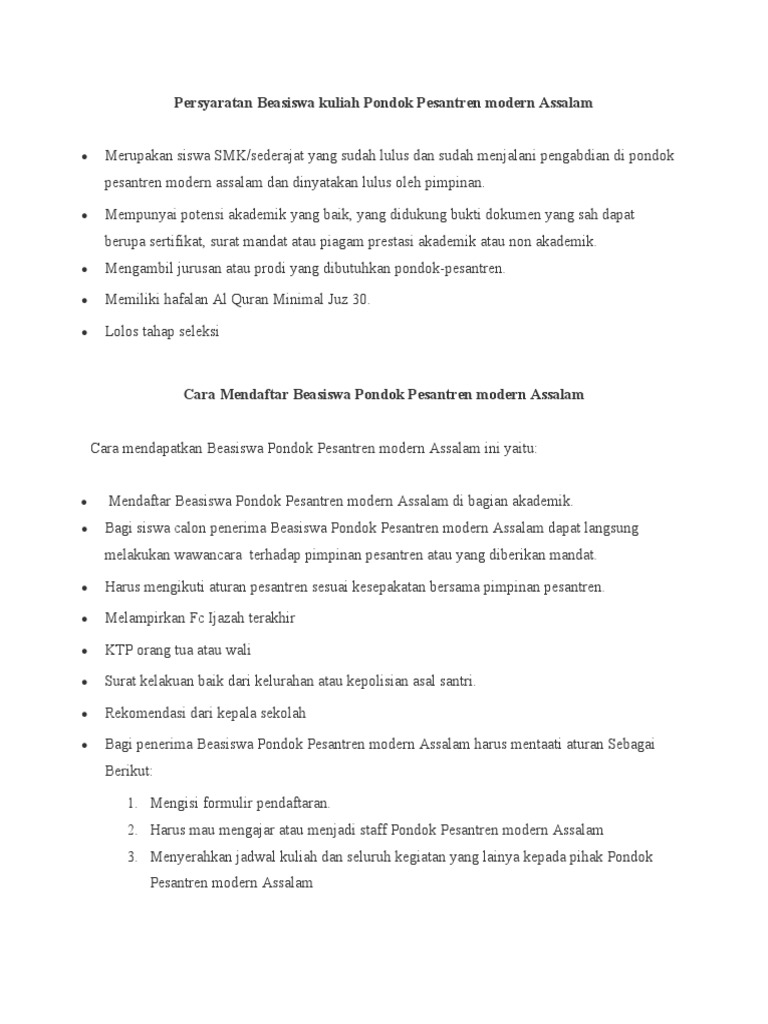 Persyaratan Beasiswa Kuliah Pondok Pesantren Modern Assalam | PDF