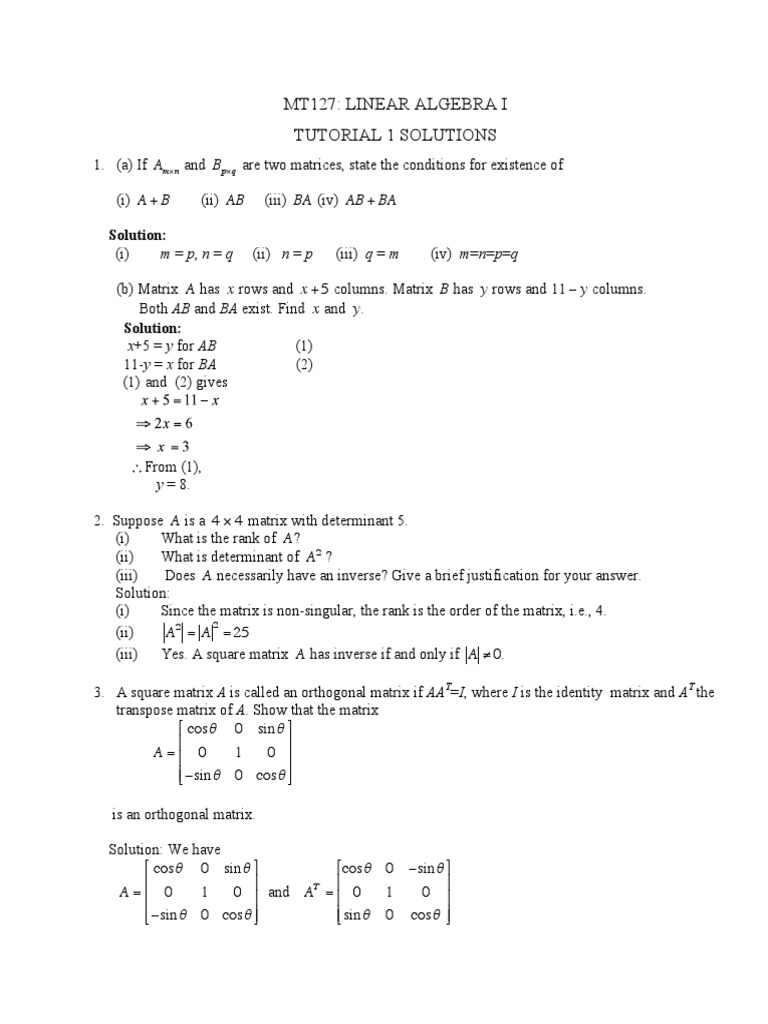 Mt127: Linear Algebra I Tutorial 1 Solutions: Solution | PDF | Matrix (Mathematics) | System Of ...