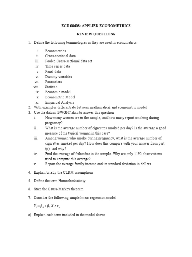Maswali Ya Applied Econometric Tutorial Set 1 | PDF | Regression Analysis | Econometrics