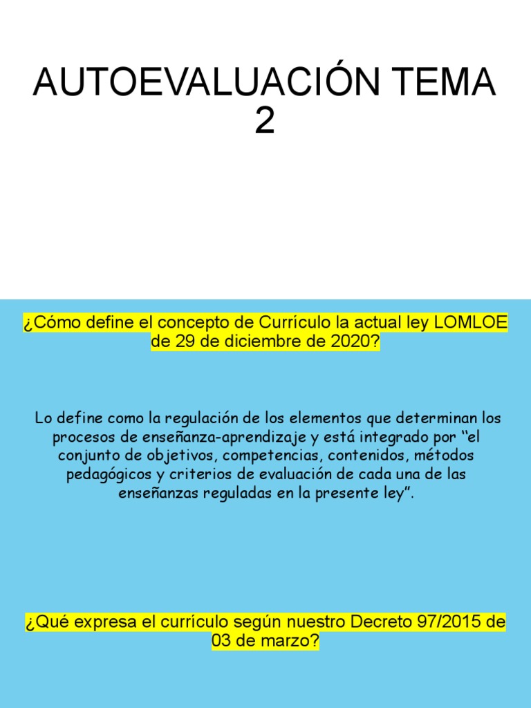 Autoevaluación Tema 2 | Descargar gratis PDF | Plan de estudios | Evaluación