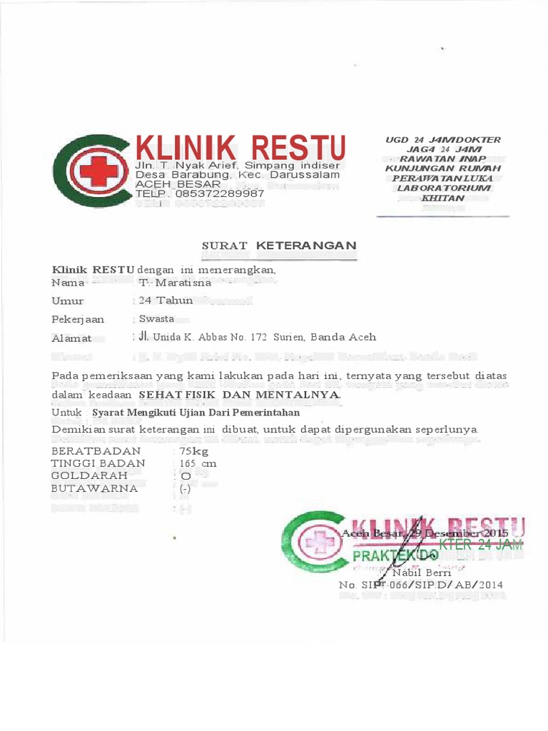Surat Keterangan Sehat Klinik Restu | PDF