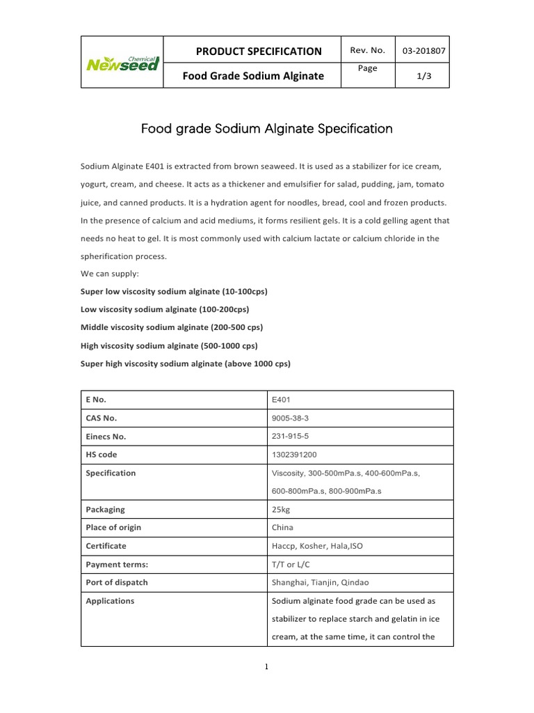 Food Grade Sodium Alginate Specification | PDF | Materials | Food And Drink