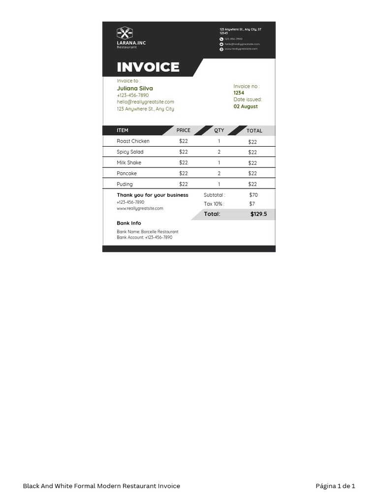Black and White Formal Modern Restaurant Invoice | PDF