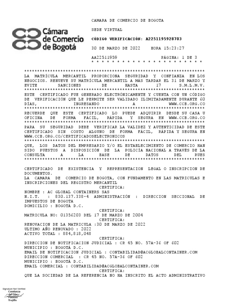 Certificado Mercantil AC Global Containers SAS | PDF | Transporte ...