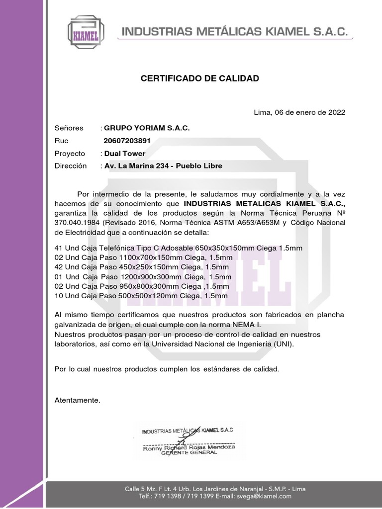 Certificado de Calidad de Cajas C | PDF