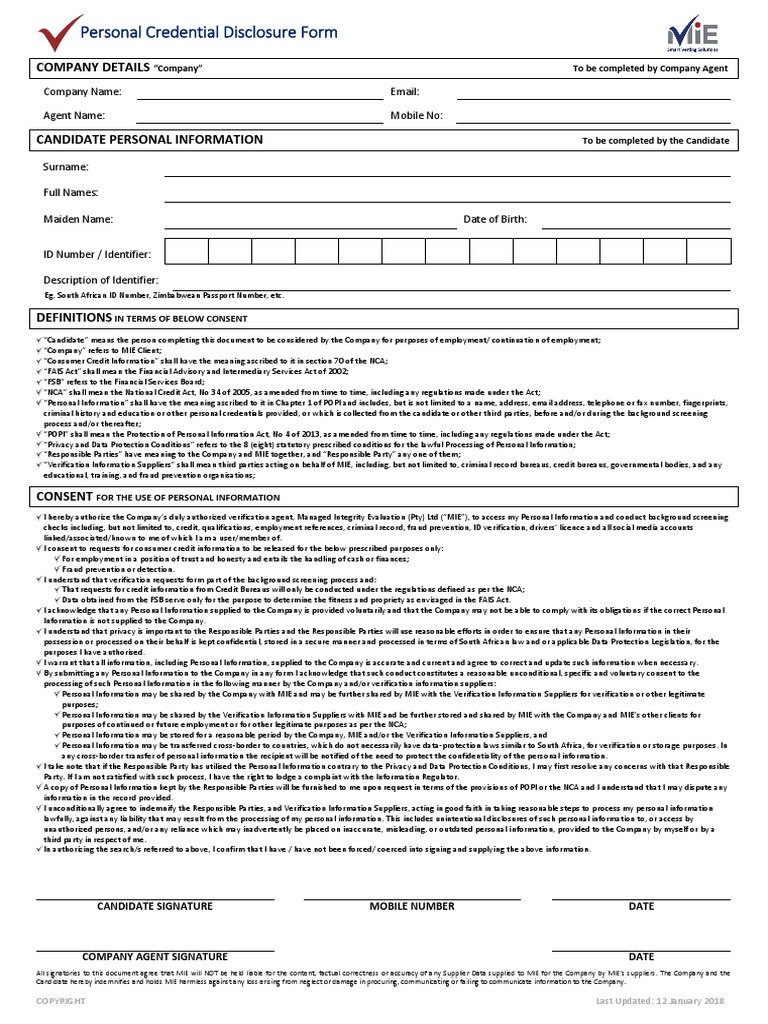 MIE Form | PDF | Background Check | Privacy