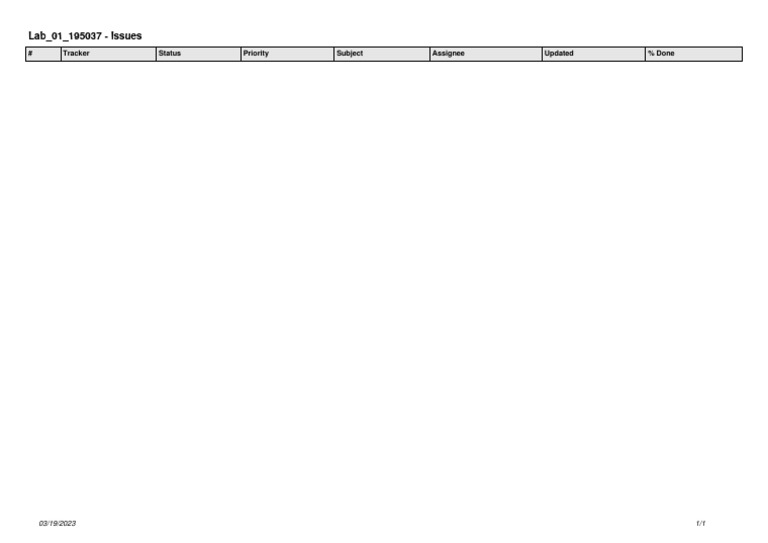 Lab - 01 - 195037 - Issues: # Tracker Status Priority Subject Assignee Updated % Done | PDF