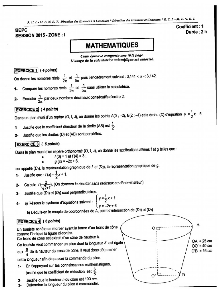 Bepc Z1 Math 2015 | PDF