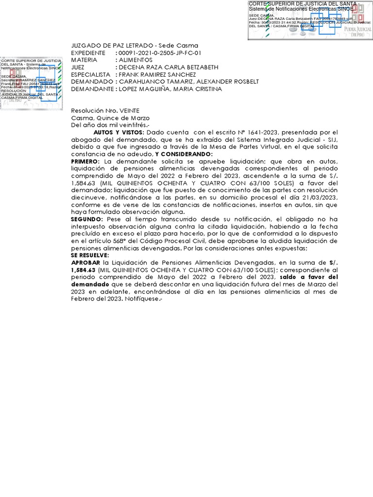 Exp. 00091-2021-0-2505-JP-FC-01 - Resolución - 04896-2023 | PDF | Demanda judicial | Judicaturas
