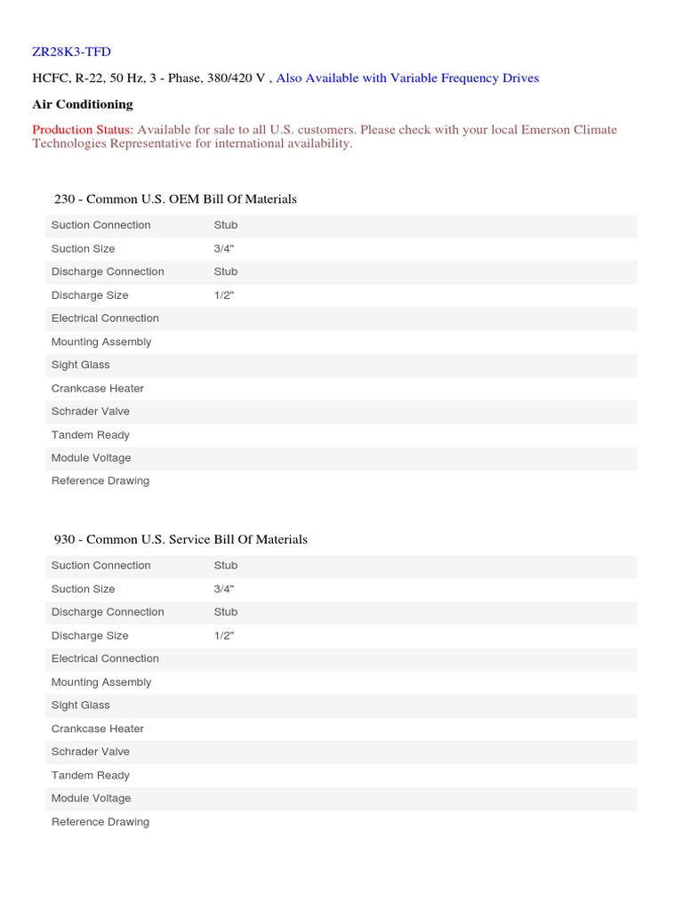 ZR28K3-TFD R-22 50Hz 380 420v AC-Bill-of-Materials | PDF