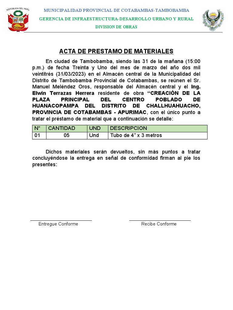 Acta de Prestamo de Material Trompo | PDF