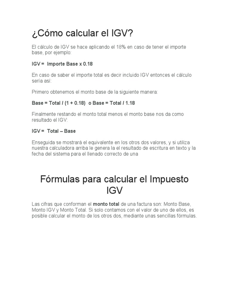 ¿Cómo Calcular El IGV?: IGV Importe Base X 0.18 | PDF