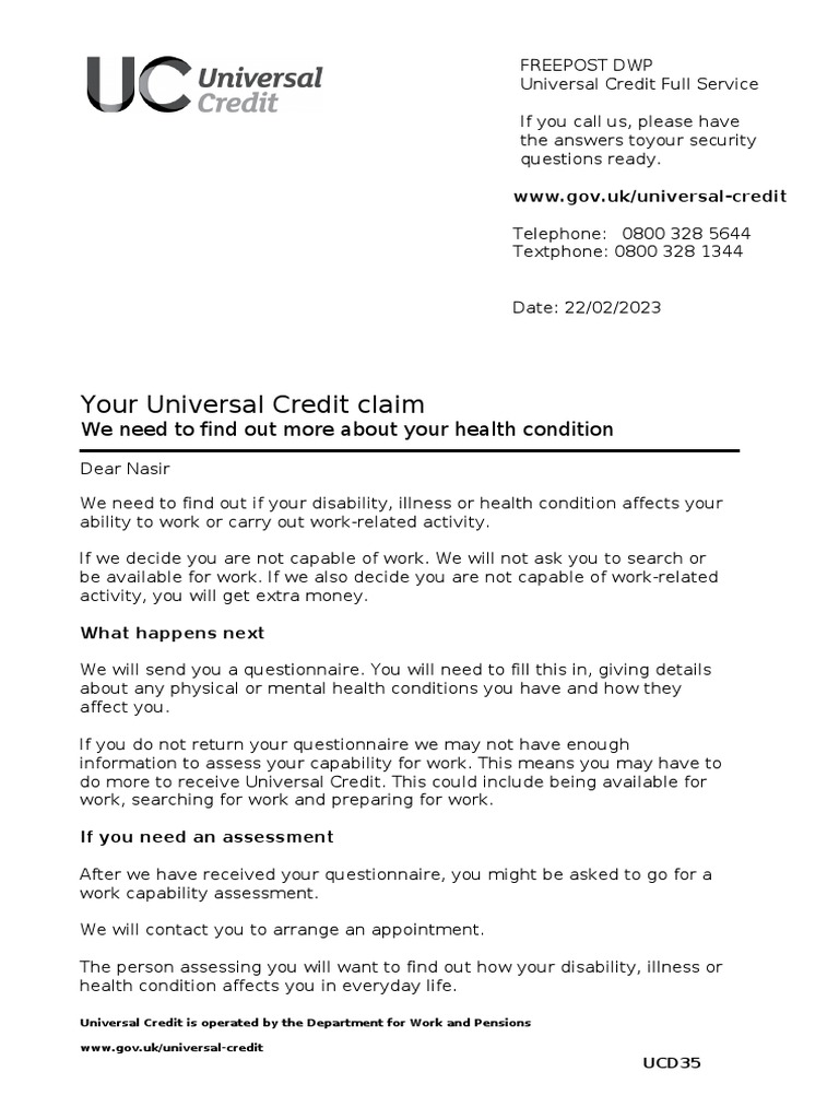 Your Universal Credit Claim: We Need To Find Out More About Your Health ...