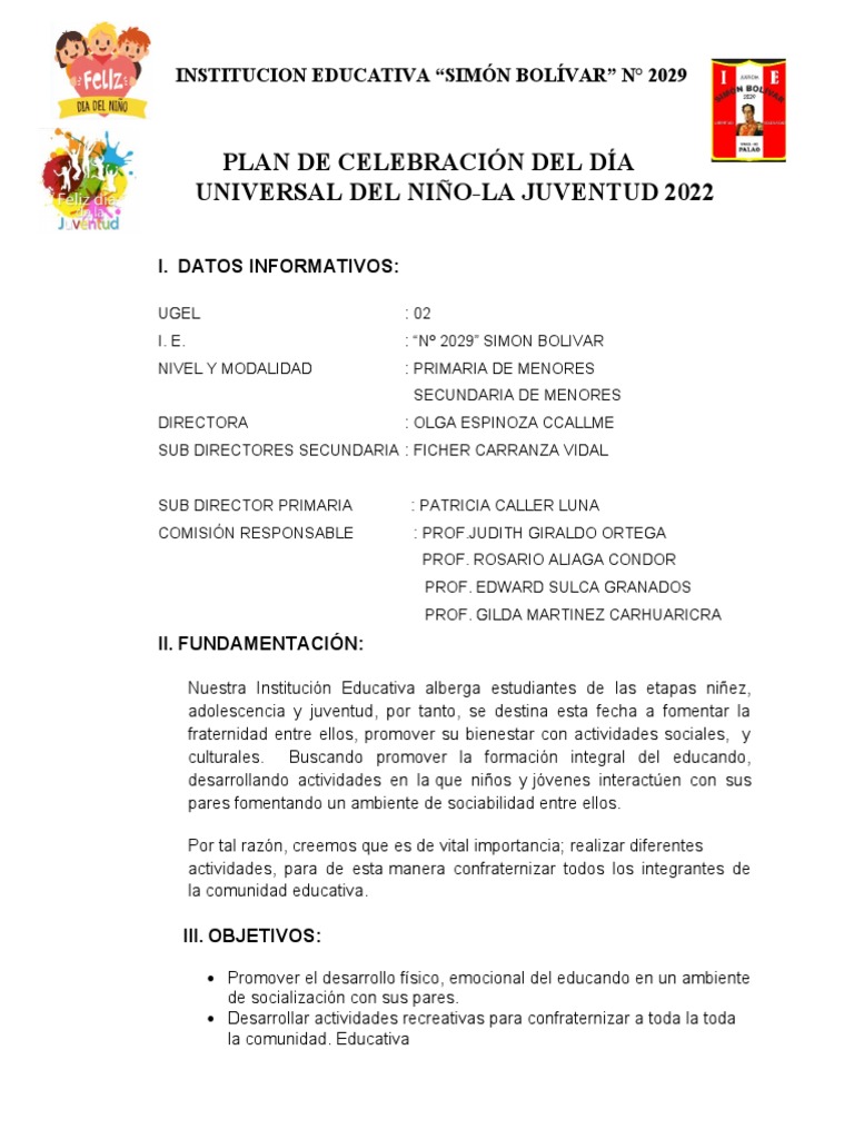 Plan de celebración del Día Universal del Niño y de la Juventud en la Institución Educativa ...