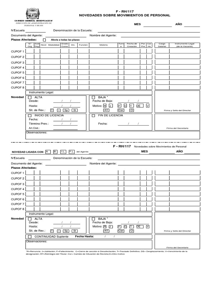 Formulario RH-117 Novedades Docentes | PDF