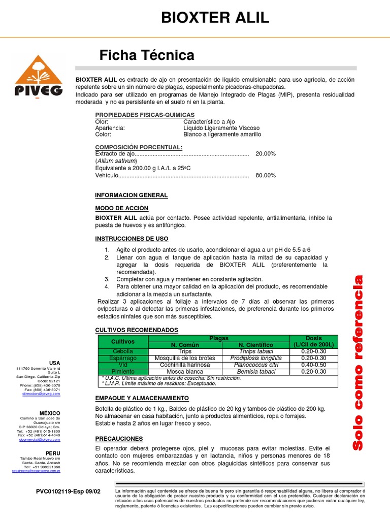 BIOXTER ALIL: Ficha técnica de extracto de ajo líquido | PDF | Ajo ...