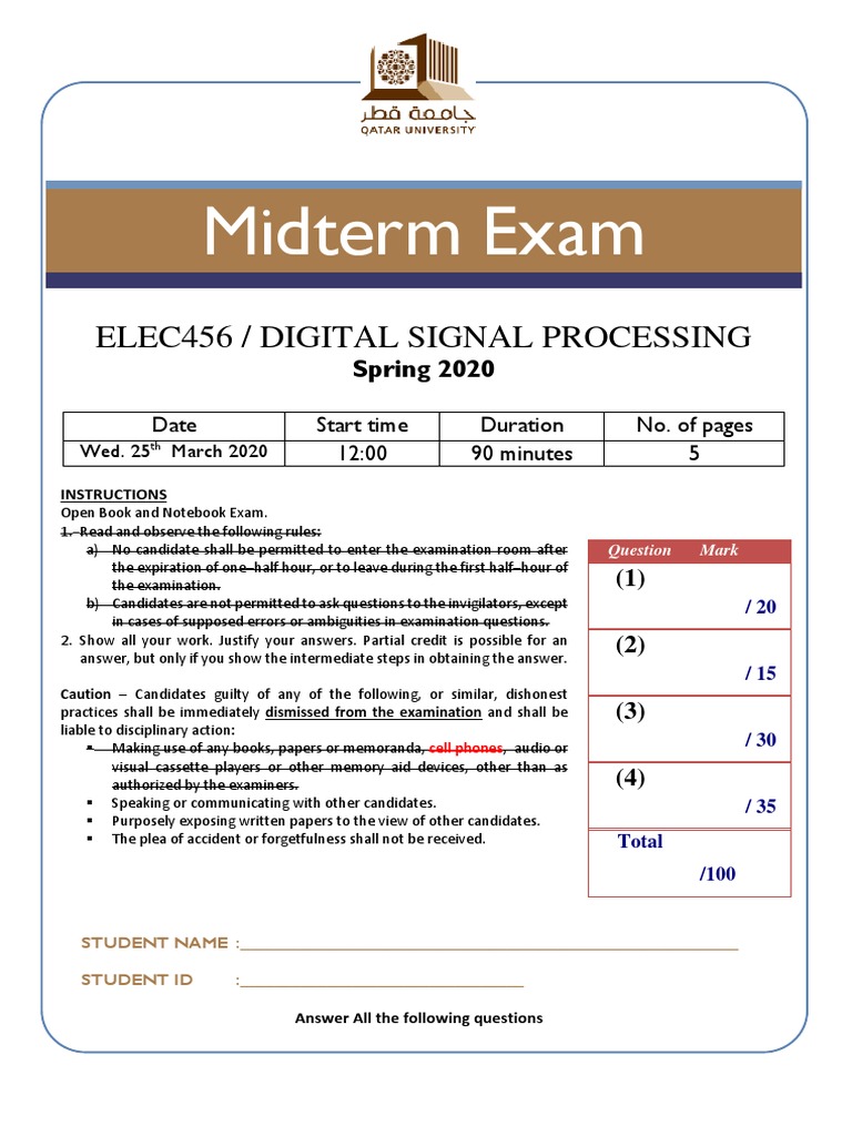Midterm Exam 1 SPRING 2020 | PDF | Digital Signal Processing | Signal Processing