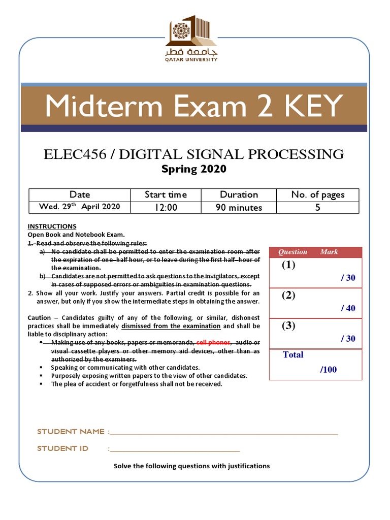 Digital Signal Processing Midterm Exam Key | PDF | Discrete Fourier ...