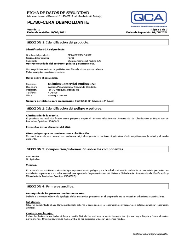 Pl780-Cera Desmoldante: Ficha de Datos de Seguridad | Descargar gratis PDF | Agua | Toxicidad