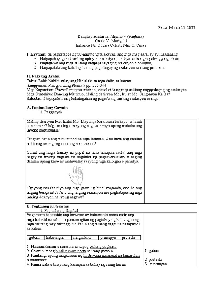 Lesson Plan Filipino 5 | PDF
